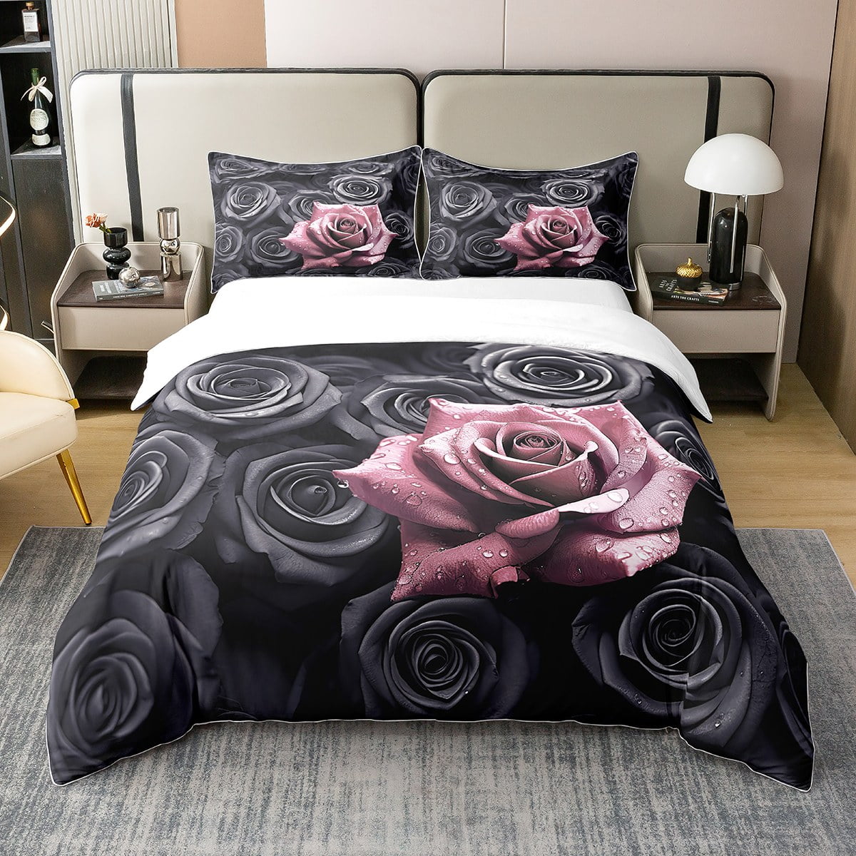 YST 100% Cotton Black Pink Rose Bedding Set Full Romantic Floral Duvet ...