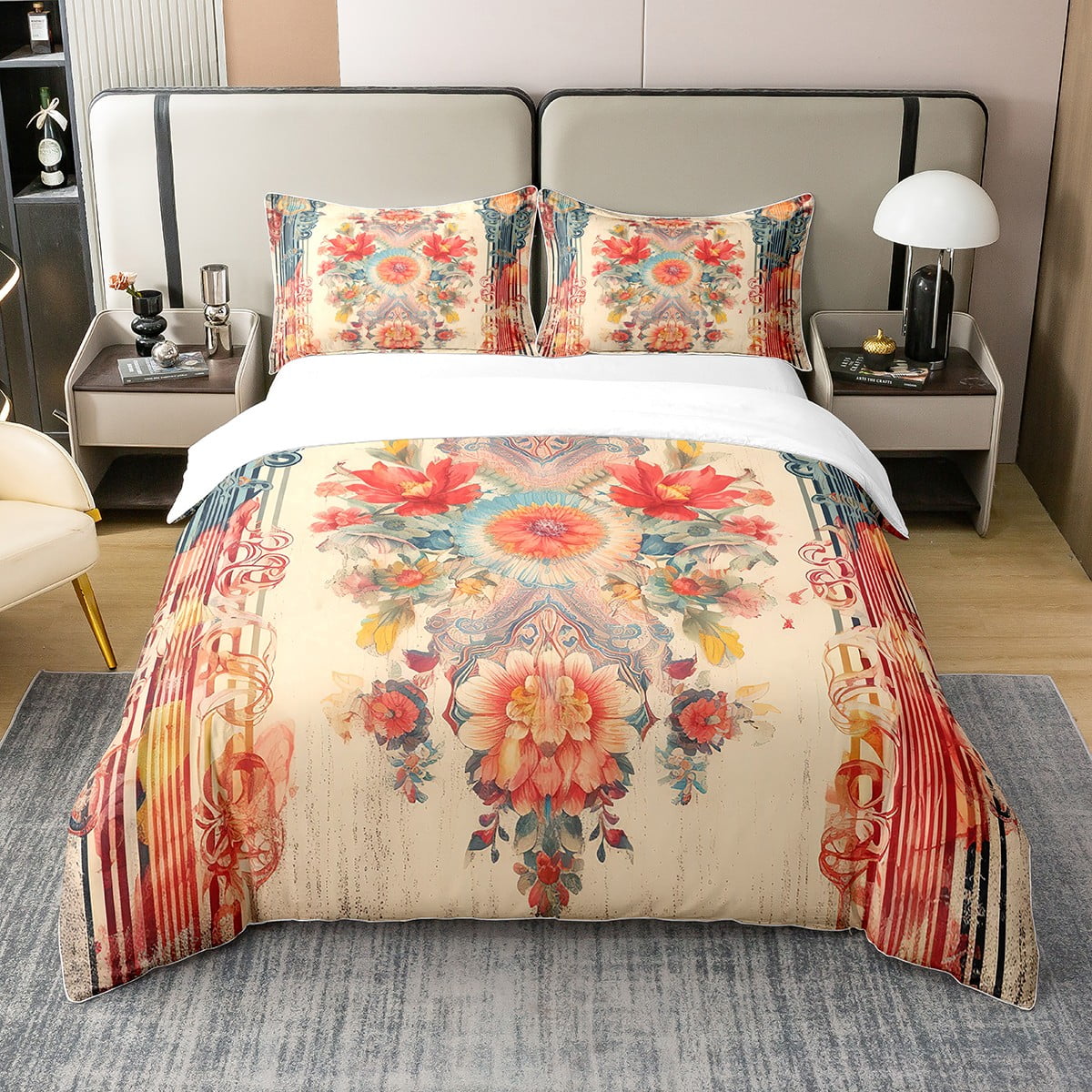 YST 100% Cotton Boho Flowers Duvet Cover King,Bohemian Floral Bedding ...