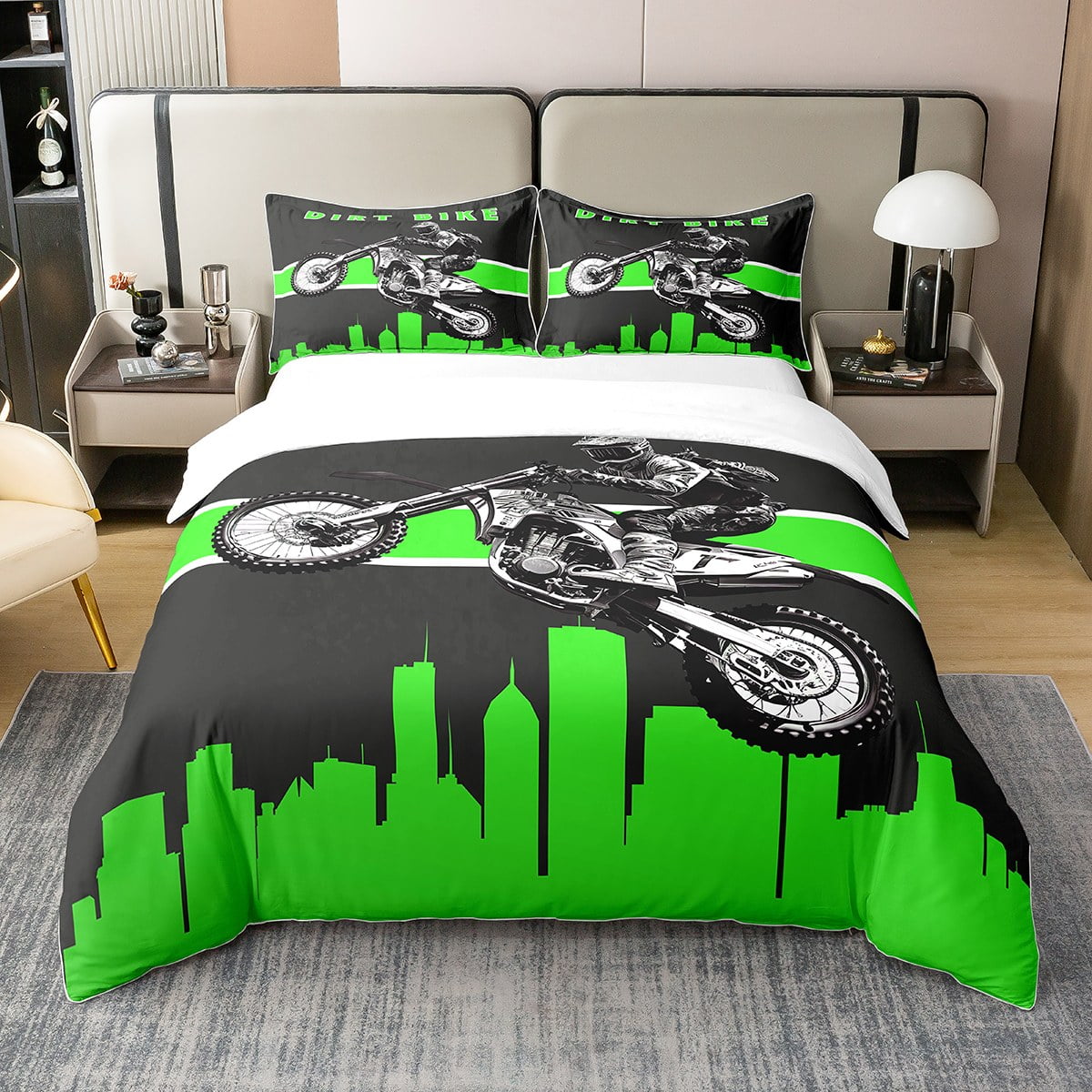 Erosebridal 100% Cotton Motocross Rider Comforter Cover Black Green Bed ...