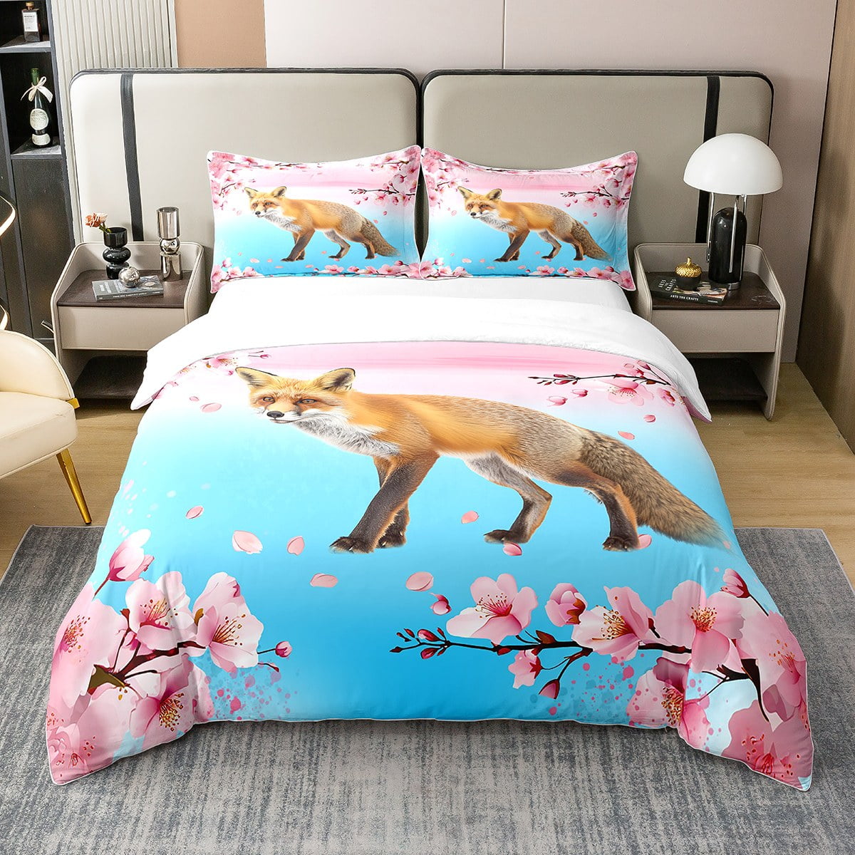 YST 100% Cotton Brown Floral Fox Twin Duvet Cover Cute Fox Bedding Set ...