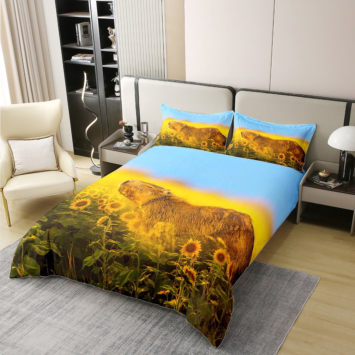 100% Cotton Capybara Duvet Cover Rustic Farmhouse Sunflowers Bedding ...