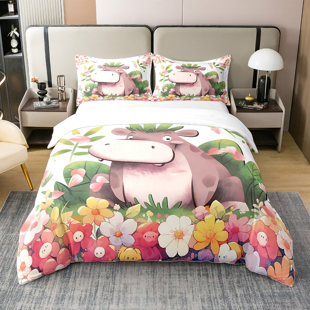 100% Cotton Cartoon Hippopotamus Bedding Set Queen,Cute Animal Duvet ...
