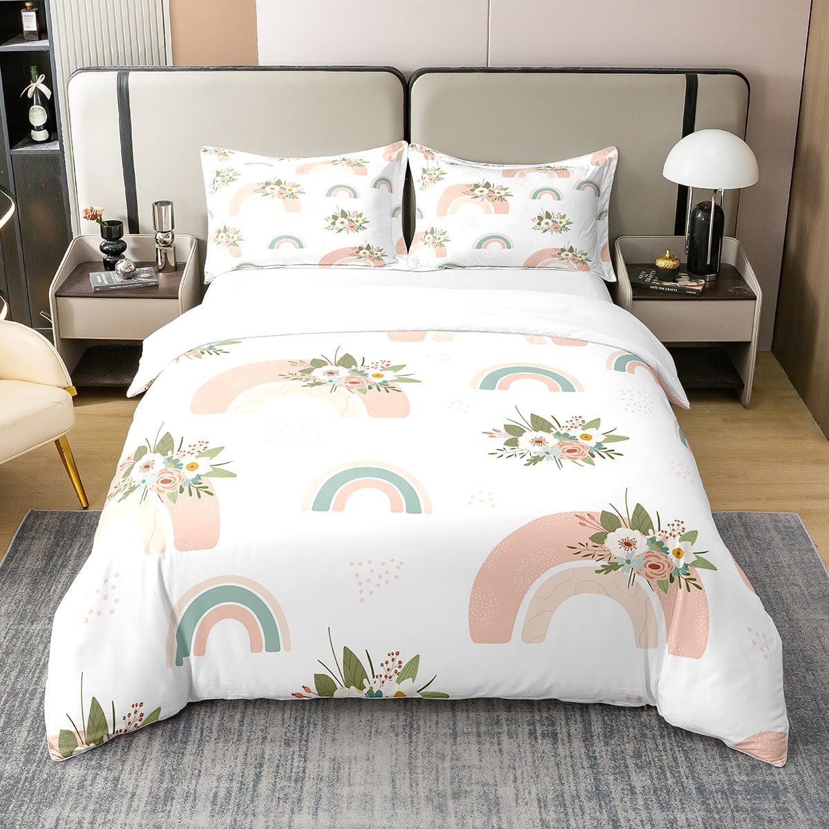 YST 100% Cotton Cartoon Rainbow Bedding Set Chic Floral Duvet Cover ...