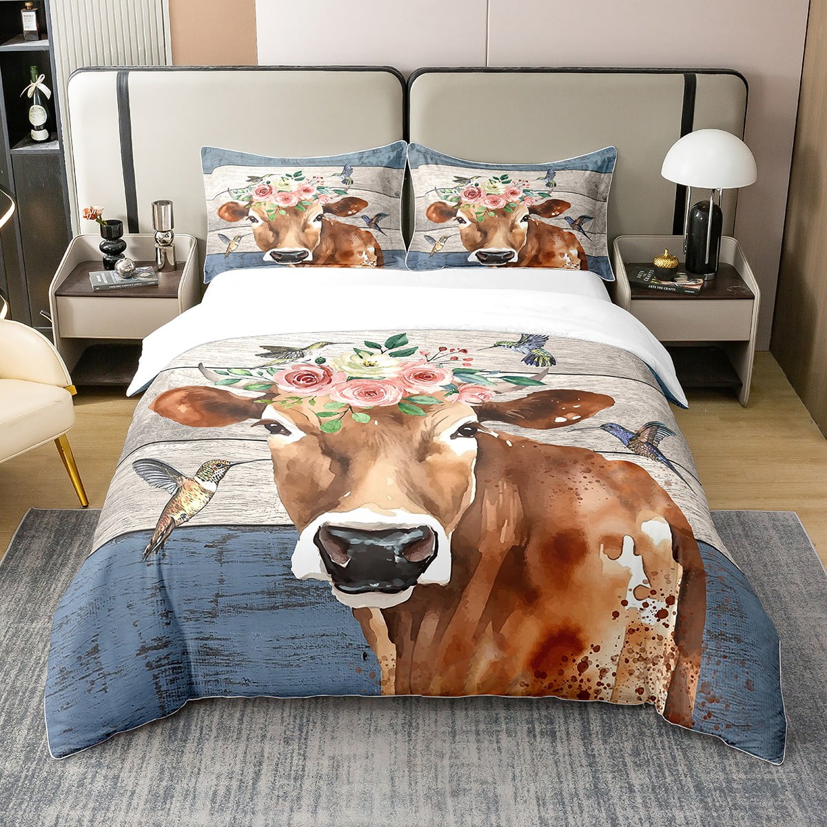 YST 100% Cotton Cow Flower Duvet Cover Western Farm Animal Bedding Set ...