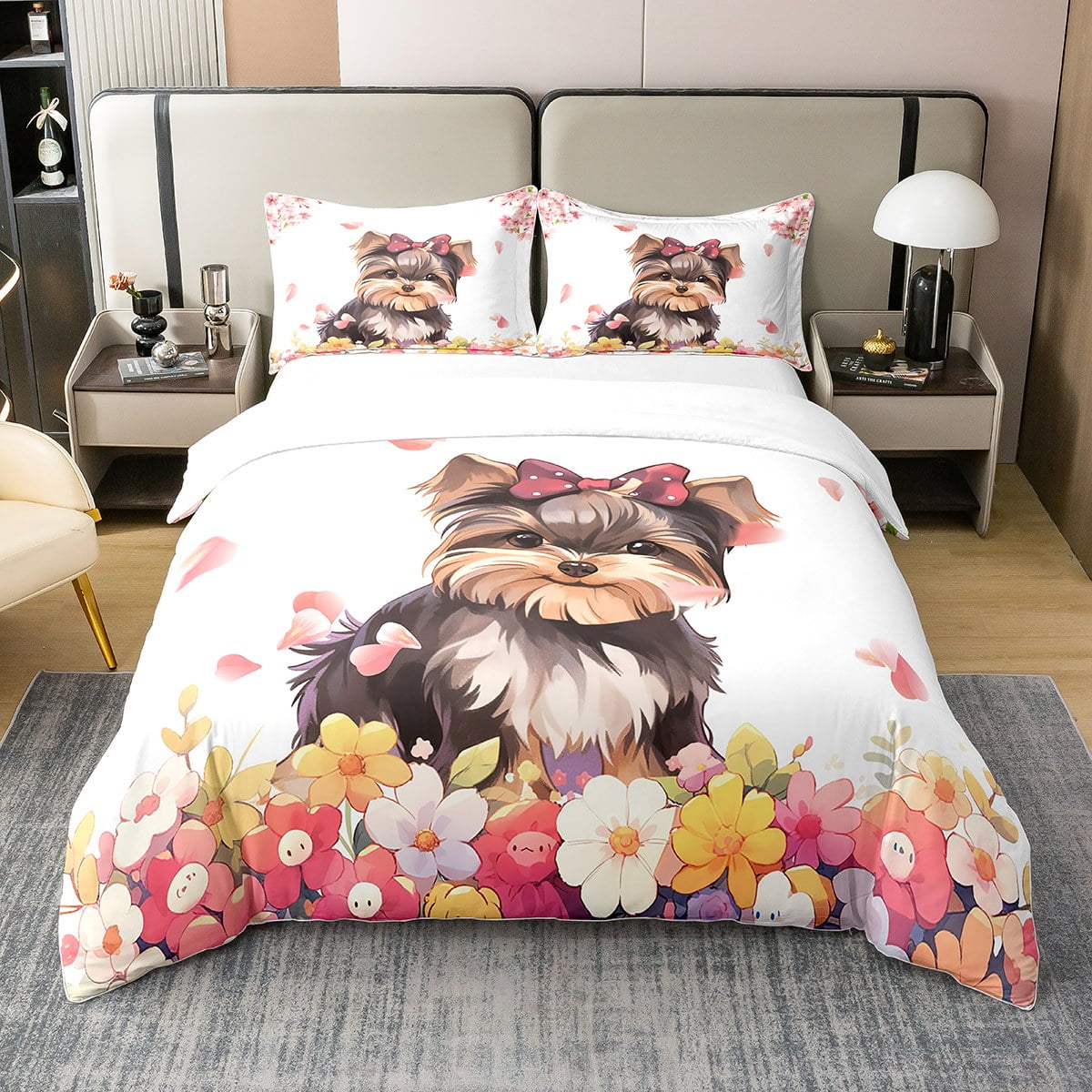 Erosebridal 100% Cotton Cute Dog King Bedding Set Romantic Flower Duvet ...
