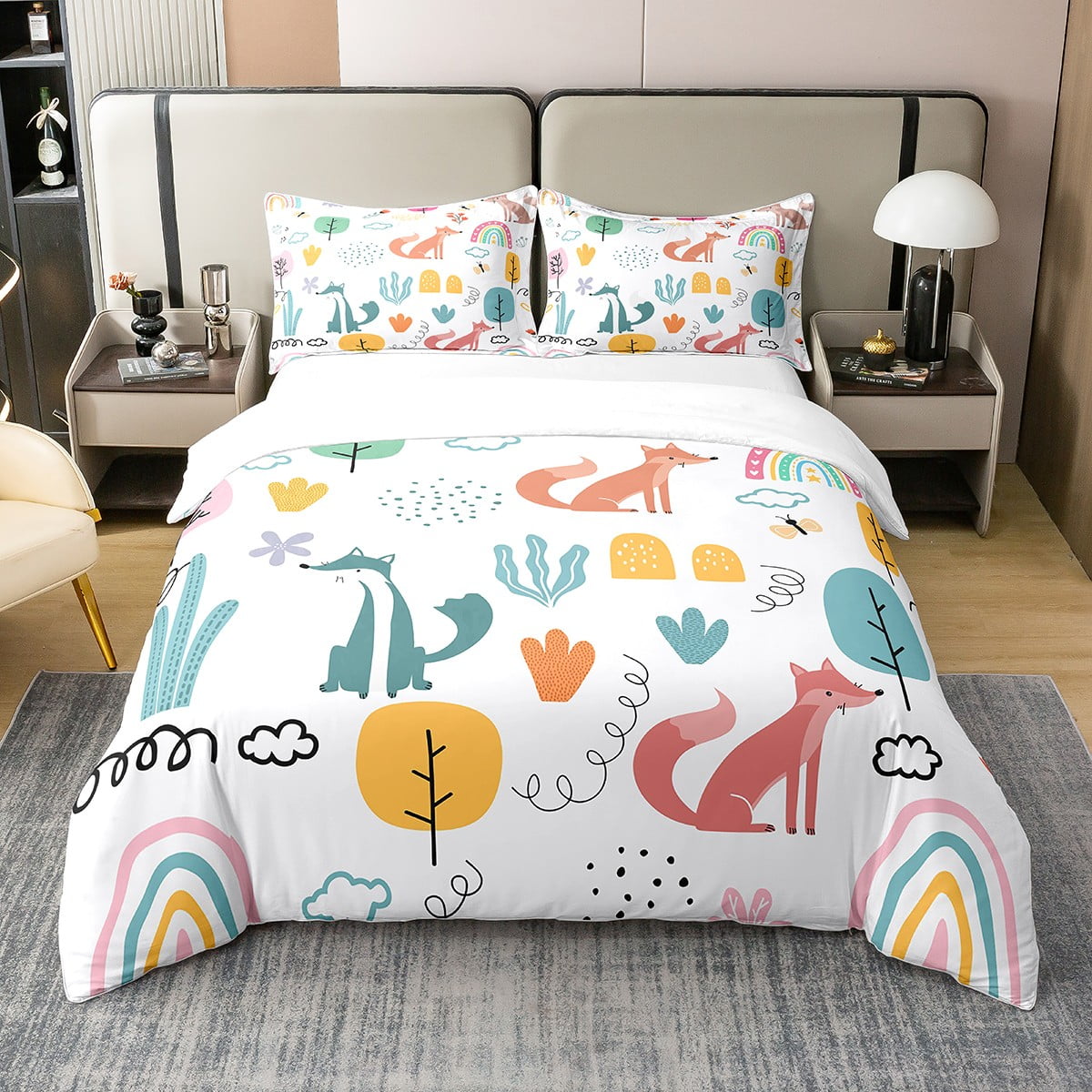 Erosebridal 100% Cotton Cute Foxes Duvet Cover,Cartoon Foxes Animal ...