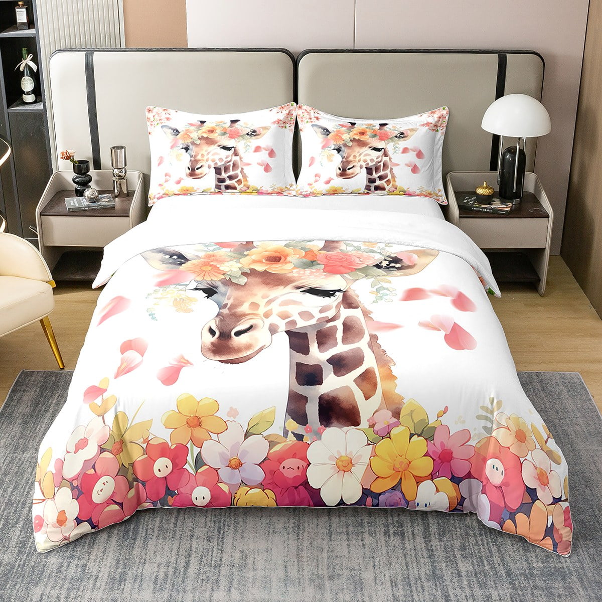 100% Cotton Cute Giraffe Bedding Set Pink Rose Duvet Cover Full,Cartoon ...