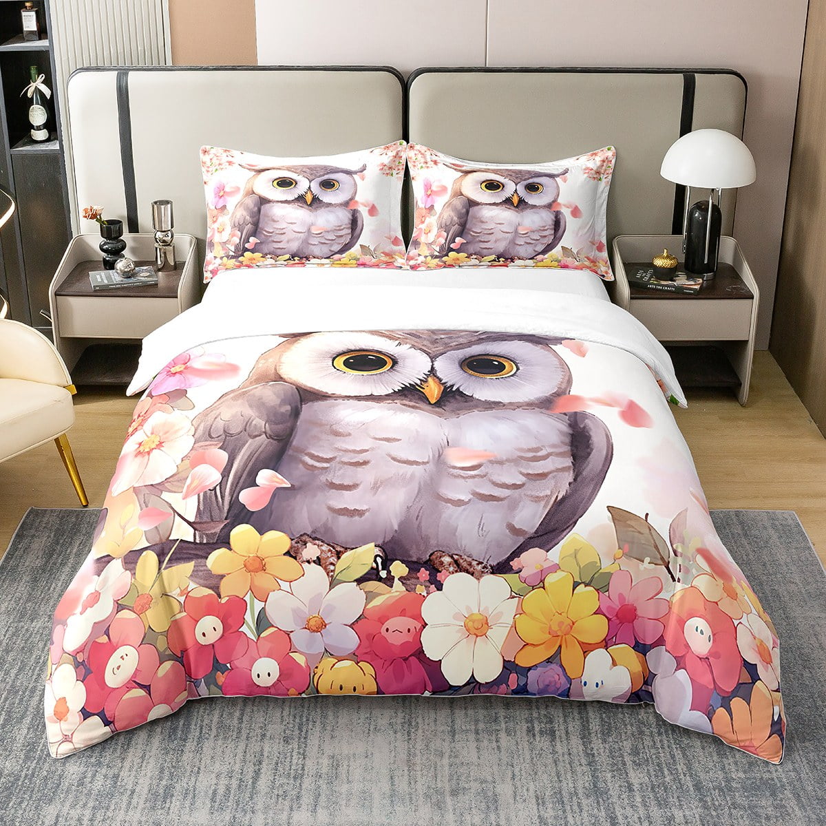 Erosebridal 100% Cotton Cute Owl Bedding Set Queen,Watercolor Botanical ...