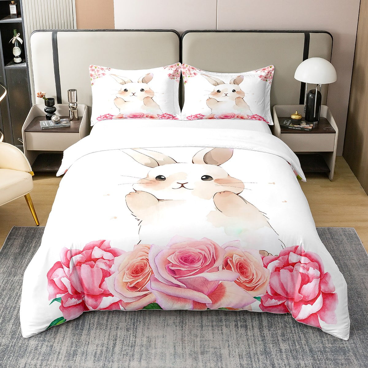 100% Cotton Cute Rabbit Bedding Set Romantic Floral Duvet Cover King ...
