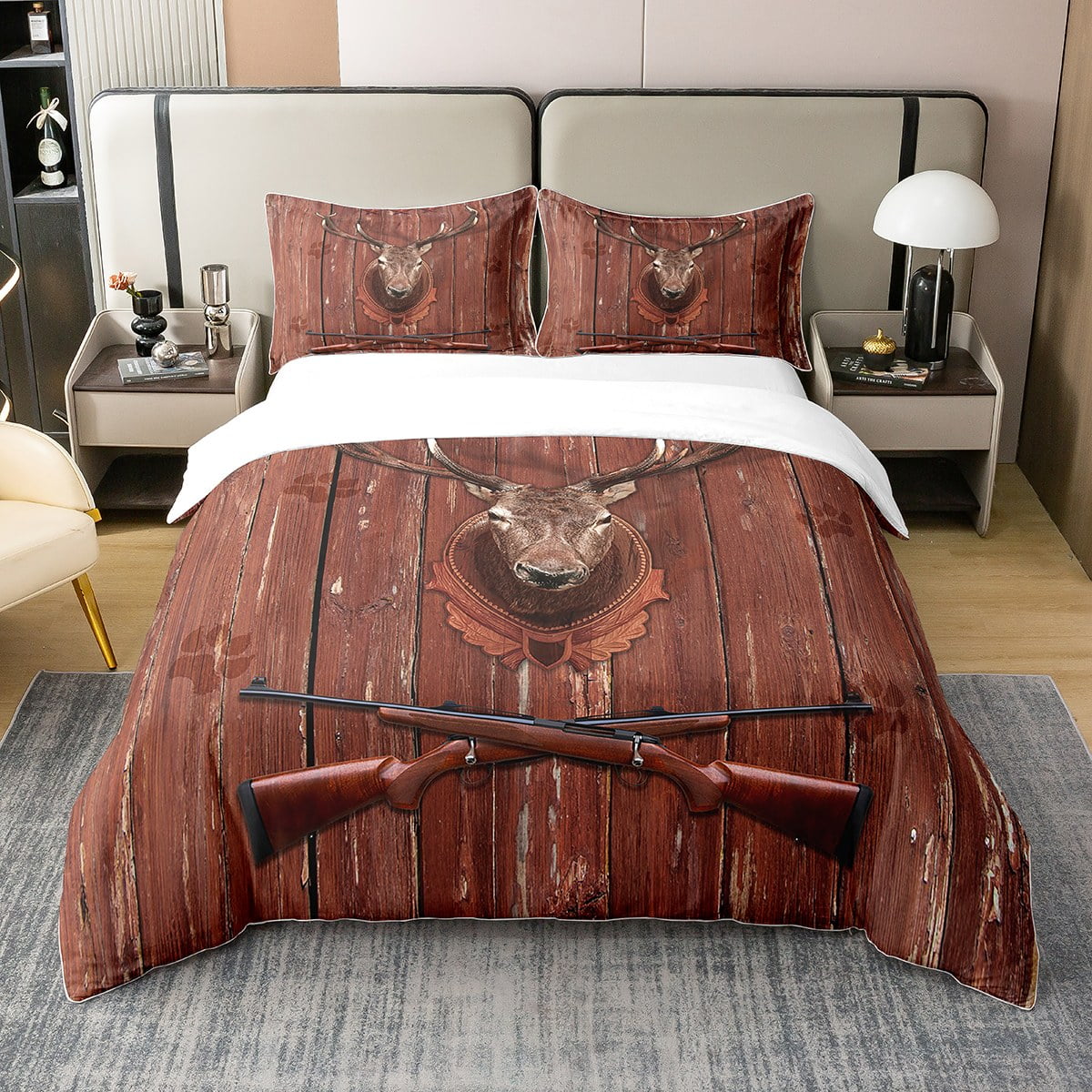 YST 100% Cotton Deer Hunting Queen Bedding Sets,Hunter Shotgun Duvet ...
