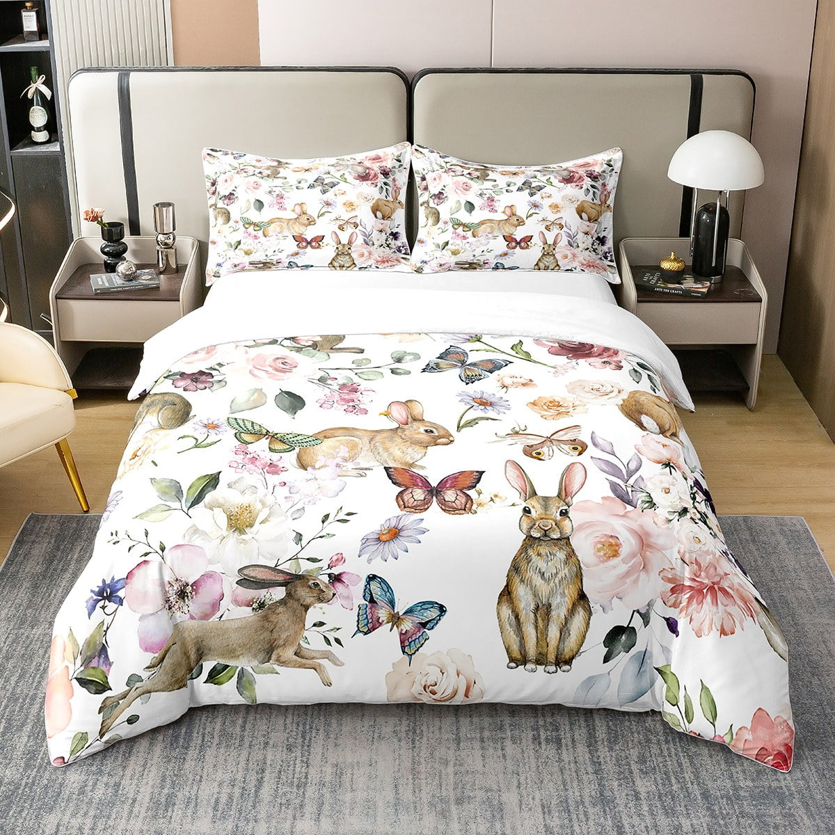 100% Cotton Easter Bunny Queen Duvet Cover,Spring Flowers Comforter ...