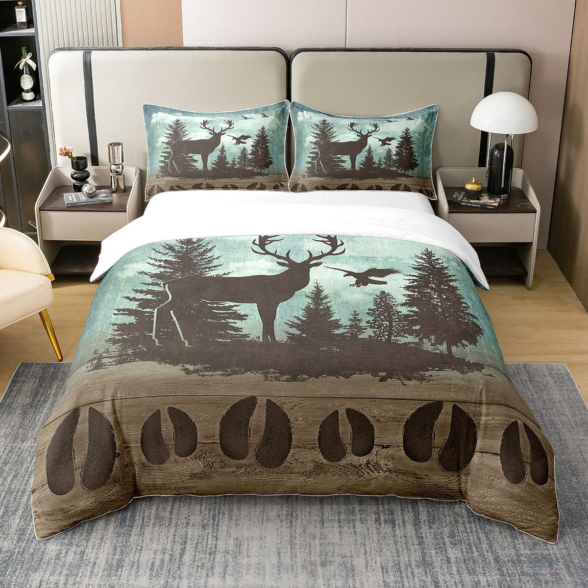 Erosebridal 100% Cotton Elk Deer Comforter Cover Rustic Pine Trees Twin Bedding Sets,Woodland ...