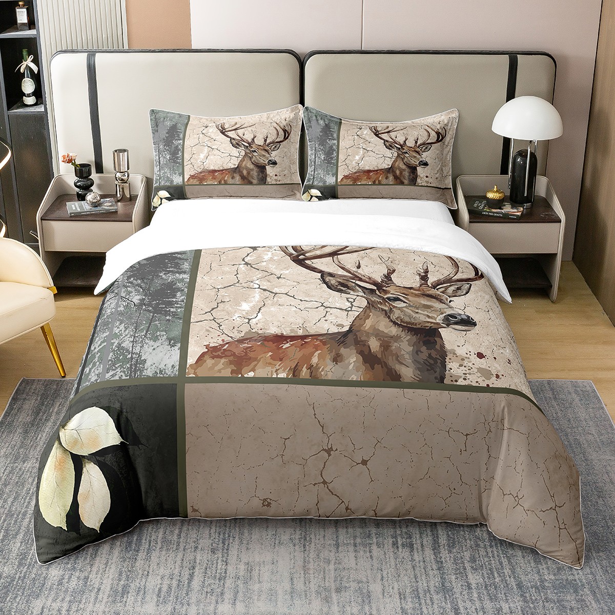 100% Cotton Elk Deer Comforter Cover Vintage Pine Trees Queen Bedding ...