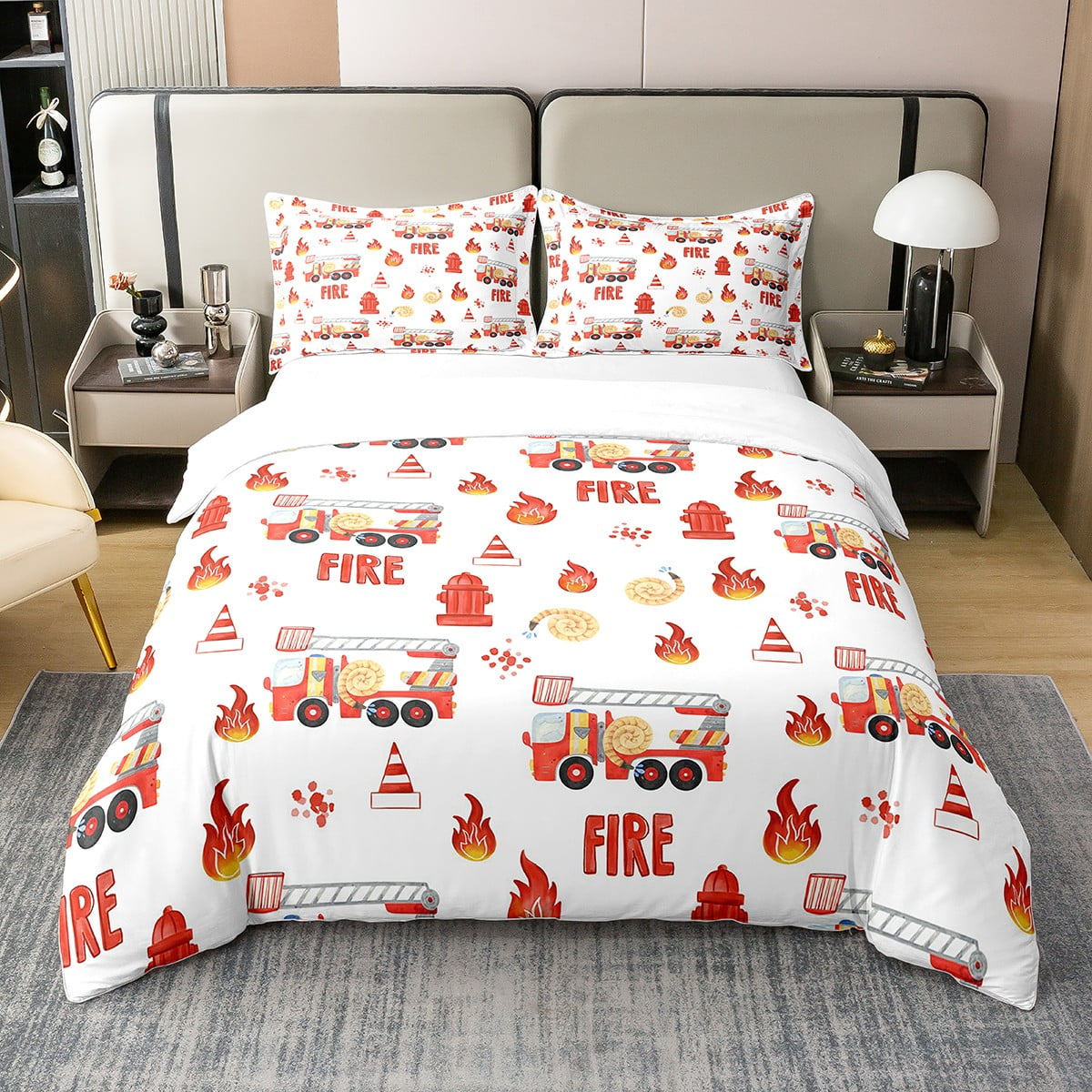 Erosebridal 100% Cotton Fire Truck Bedding Set Queen,Fire Engine Print ...