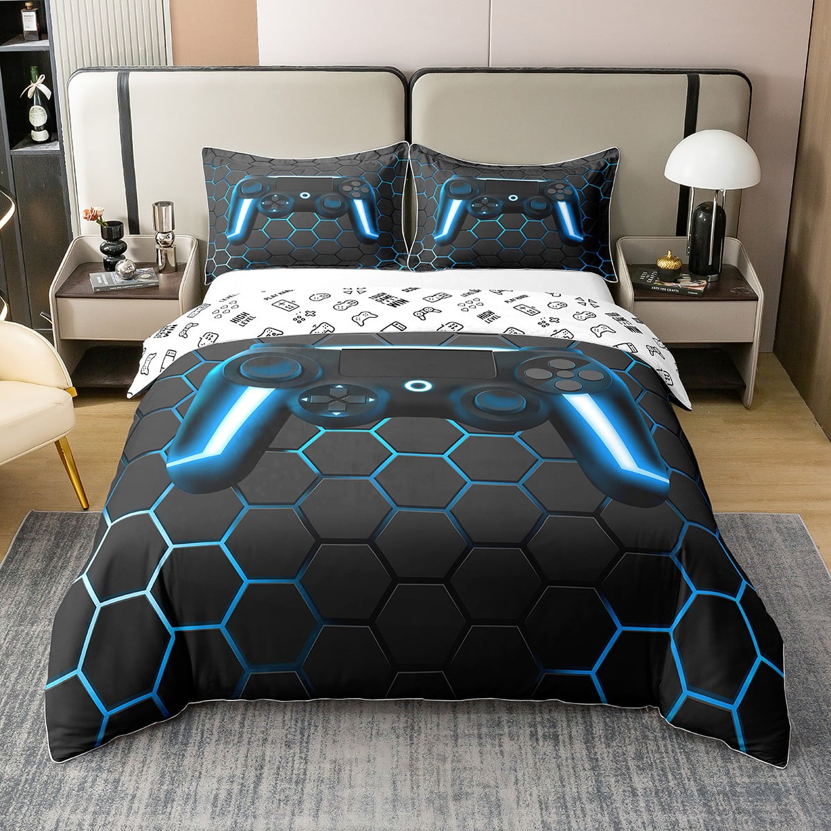 Erosebridal 100% Cotton Gamer Comforter Cover Teens Blue Gaming Bedding ...
