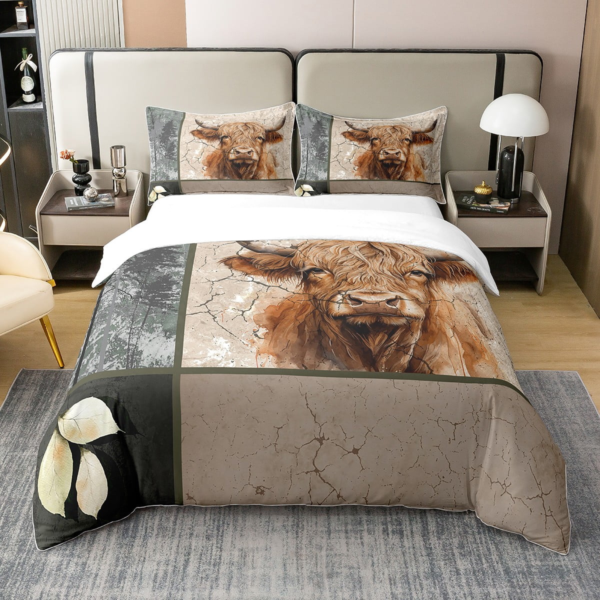 Erosebridal 100% Cotton Highland Cow Comforter Cover Vintage Pine Trees Twin Bedding Sets,Wild ...