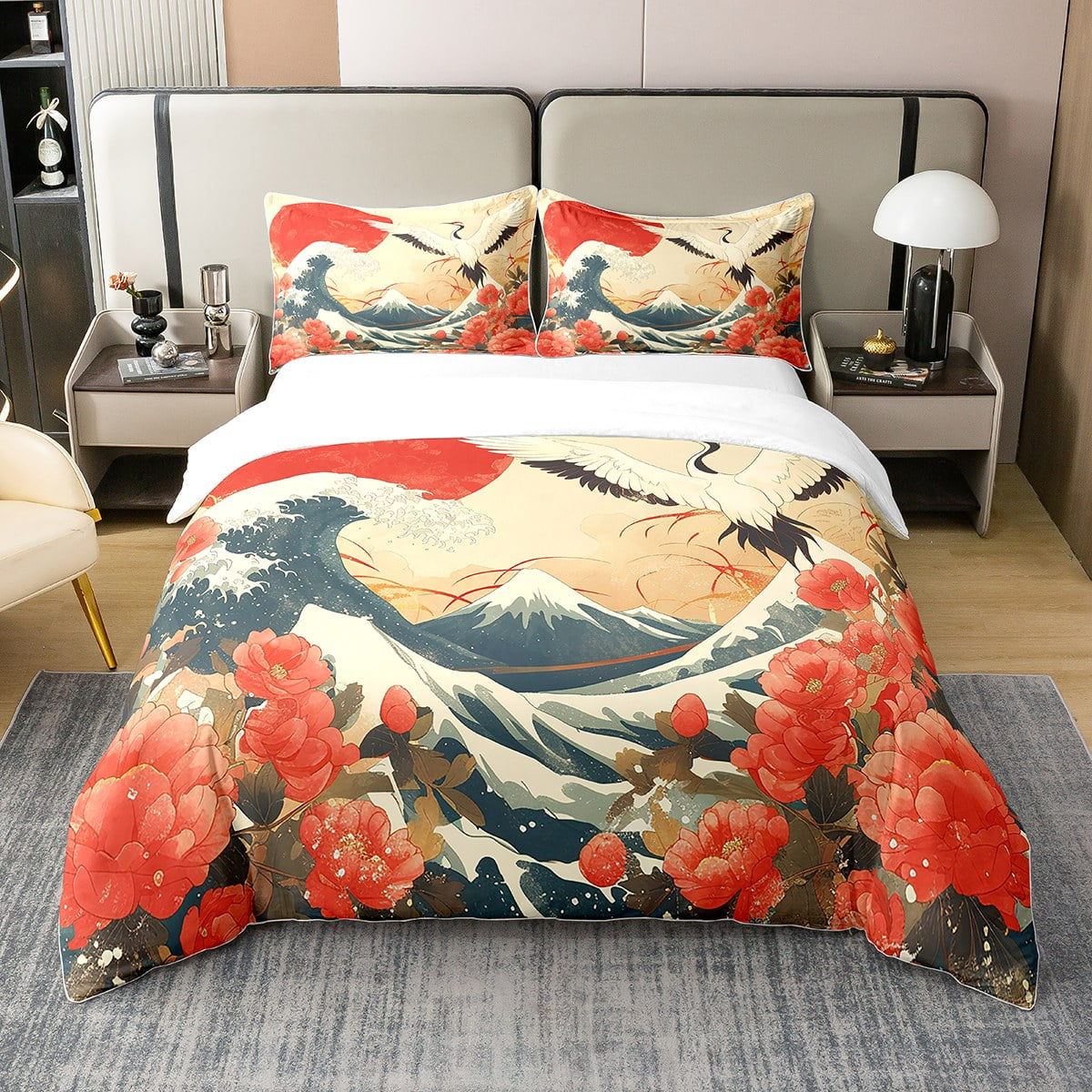 100% Cotton Japanese Style Duvet Cover King Size,Oriental Asian Crane ...