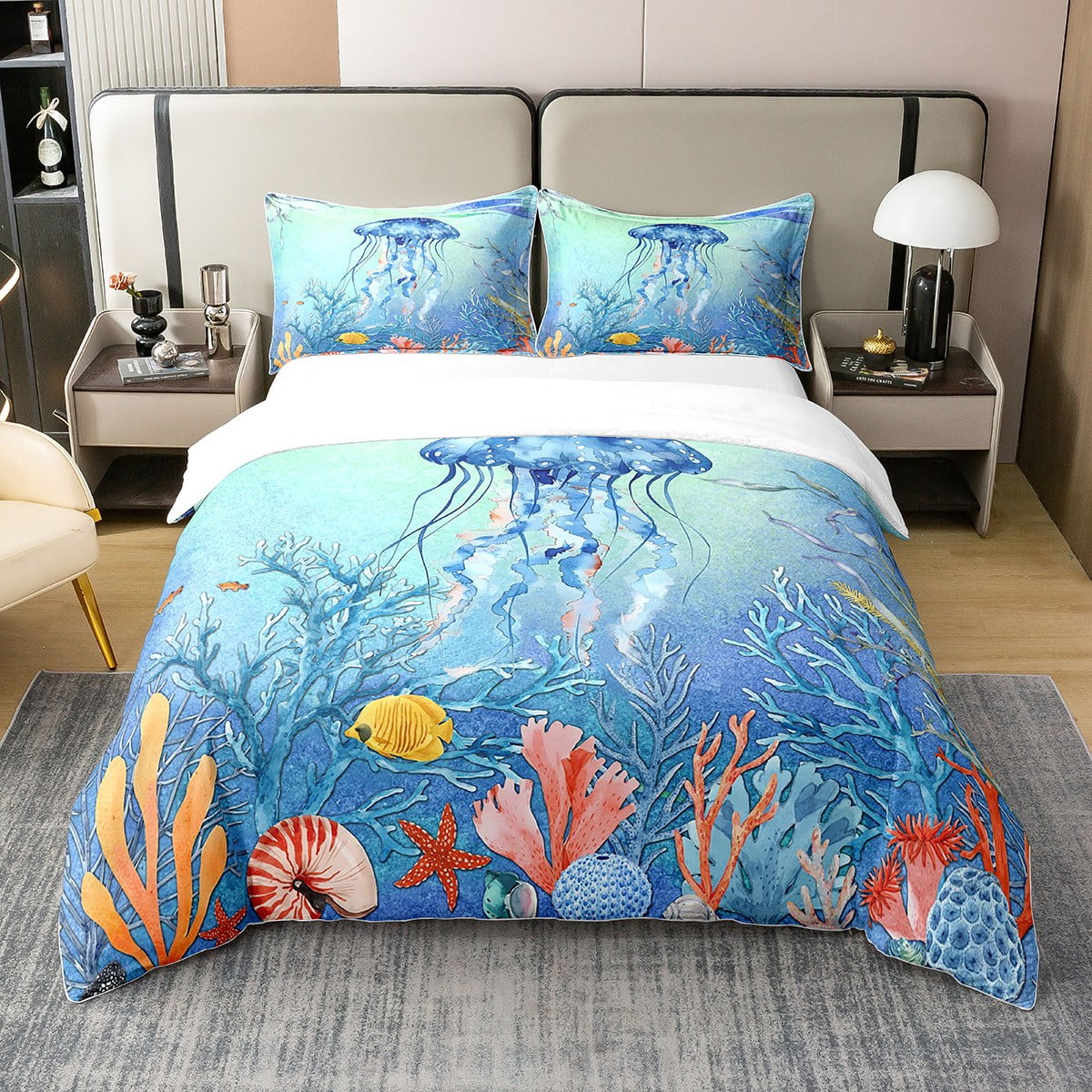 YST 100% Cotton Jellyfish Bedding Set Twin,Teal 3D Jellyfish Comforter ...