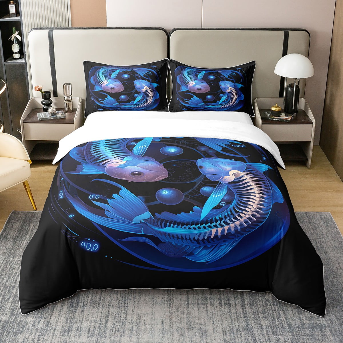 YST 100% Cotton Kawaii Koi Fish Bedding Sets Queen for Kids Boys Girls Fish Bones Bed Set,Cute ...