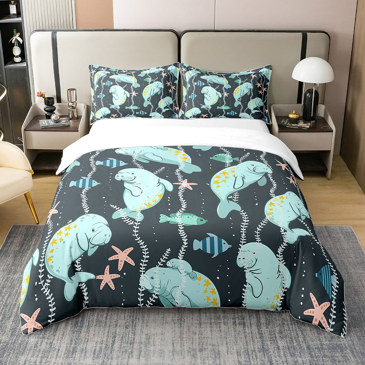 Erosebridal 100% Cotton Kawaii Manatees Duvet Cover Twin Size, Marine Fishes Bedding Set ...