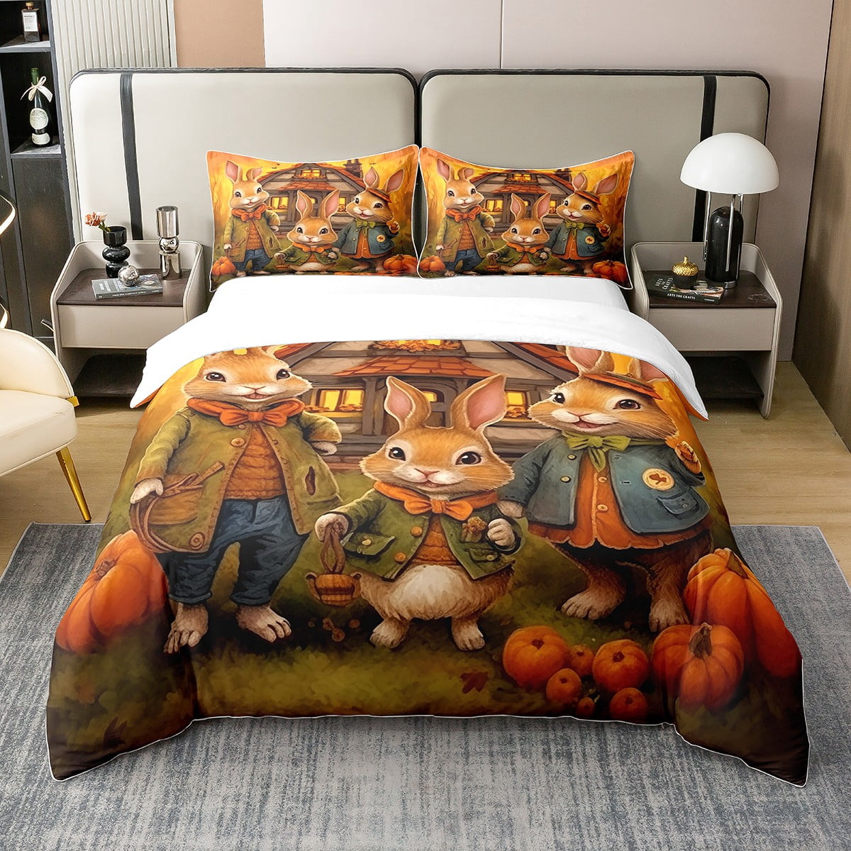 100% Cotton Cartoon Rabbit Full Bedding Set Grey Cute Rabbit Duvet ...