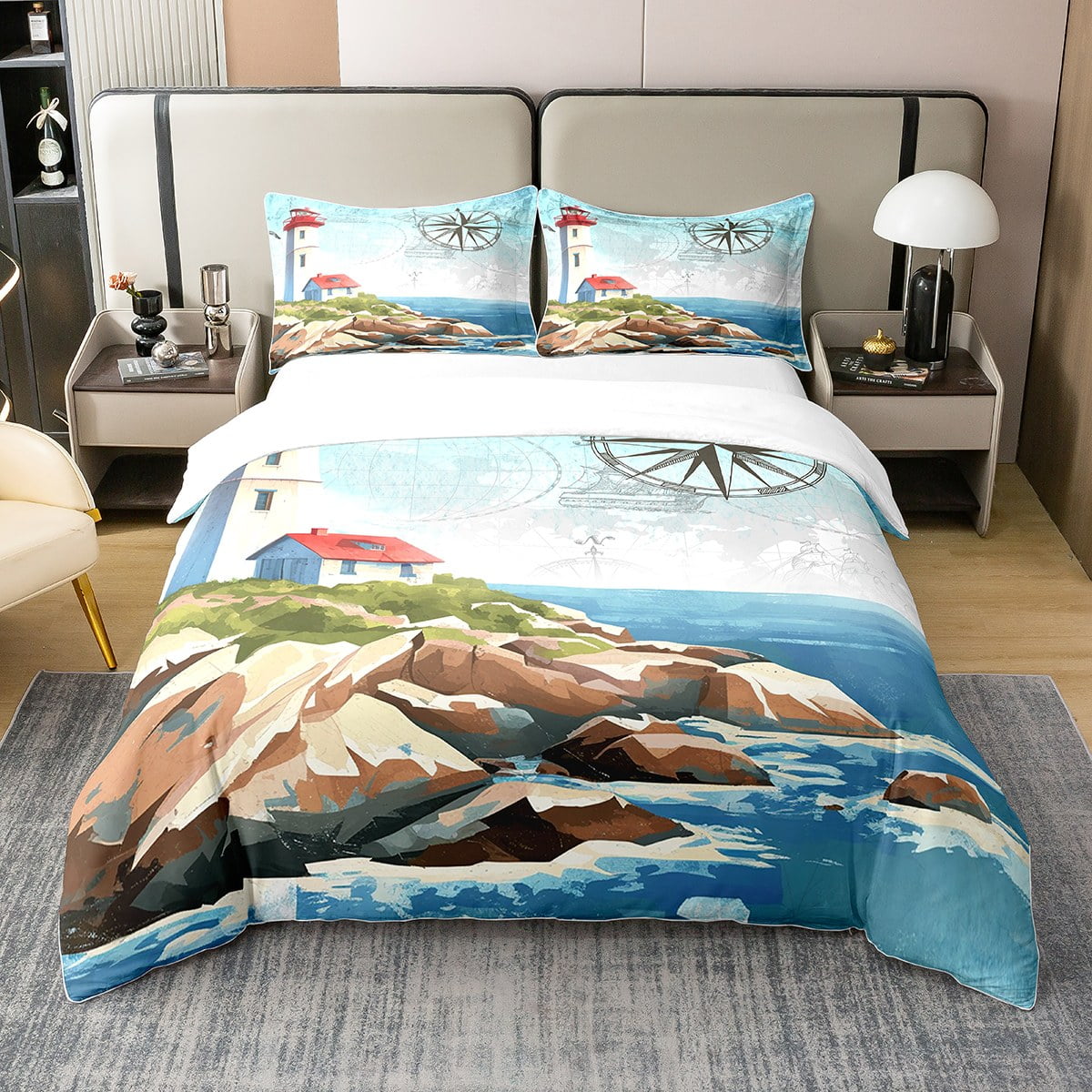 Erosebridal 100% Cotton Lighthouse Comforter Cover Full Size Drawn Sketch Compass Bedding Set ...