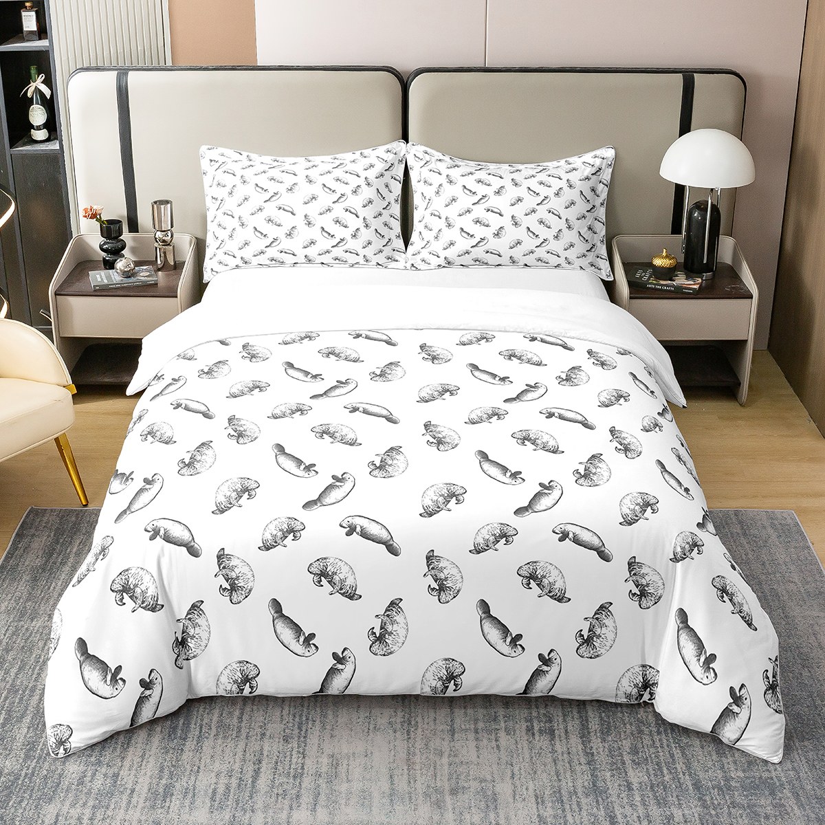 YST 100% Cotton Manatees Duvet Cover Queen Size, Hand Drawn Sketch ...
