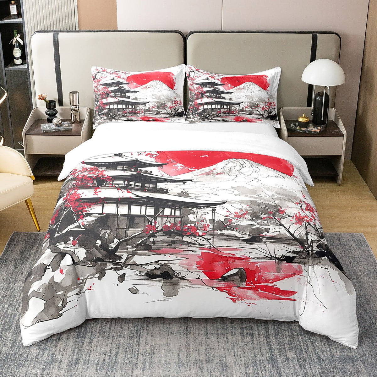 YST 100% Cotton Mount Fuji Bedding Set Japanese Style Red Sun Duvet ...