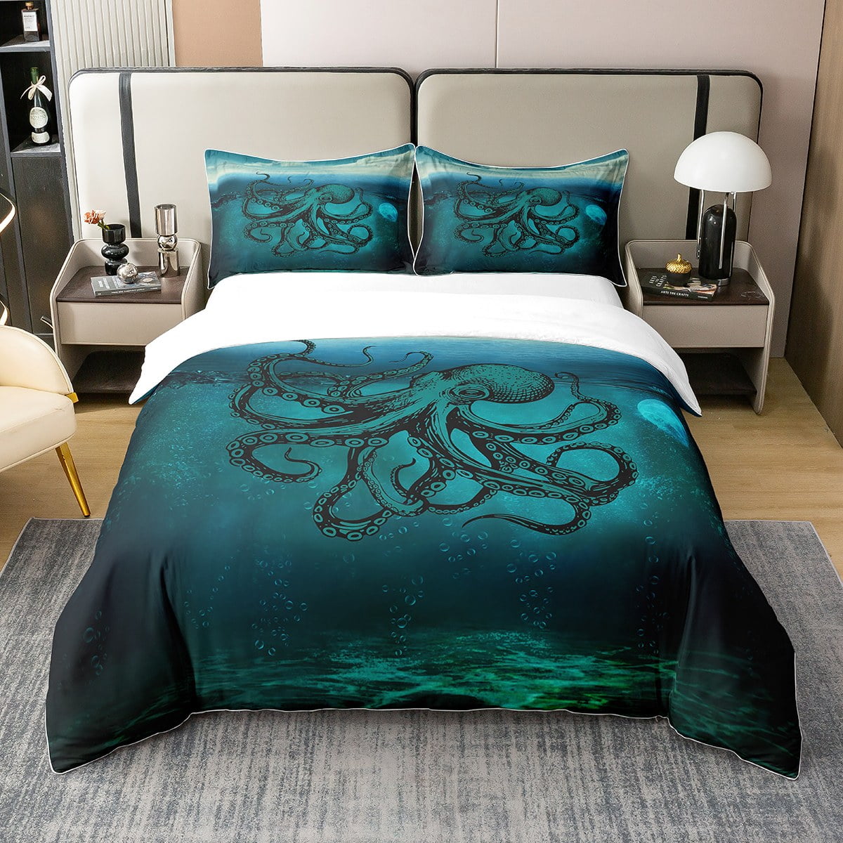 YST 100% Cotton Octopus Queen Duvet Cover Soft Warm,Blue Tentacle ...