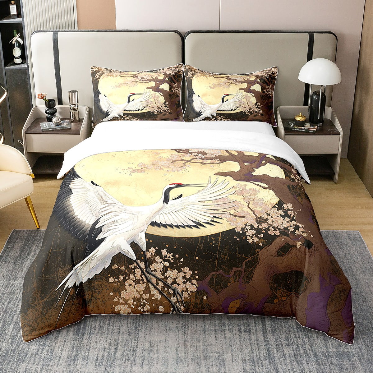 YST 100% Cotton Red-Crowned Crane Bedding Set Queen Size,Japanese Ukiyo-E Comforter Cover ...
