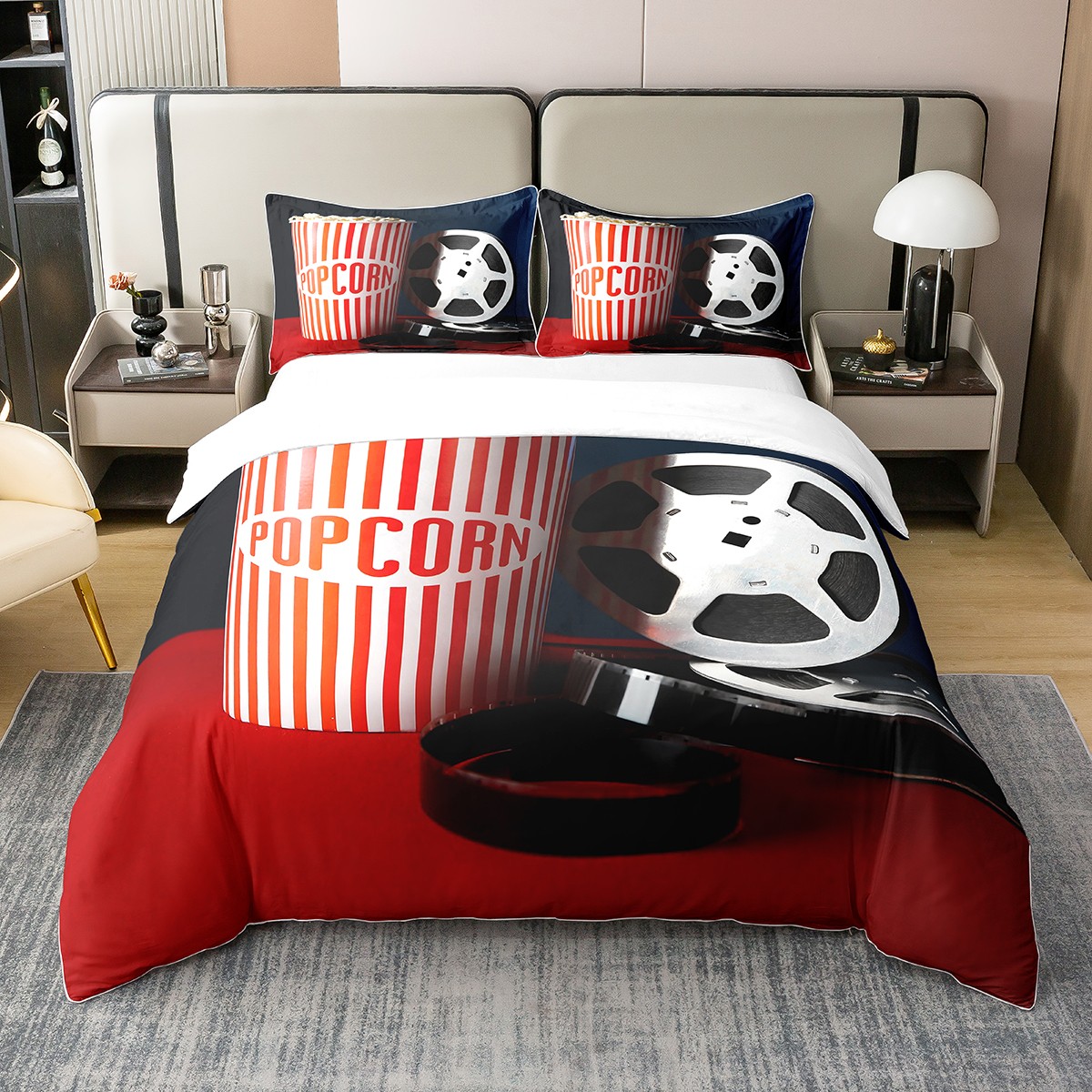 YST 100% Cotton Retro Cinema Queen Duvet Cover Popcorn Bedding Set ...