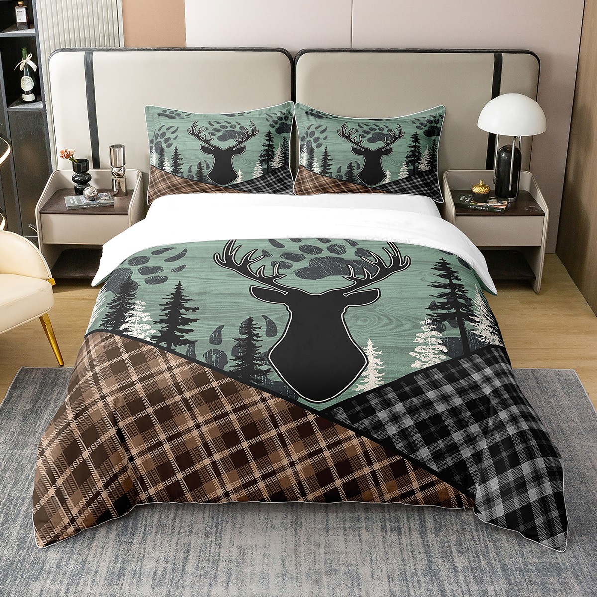 YST 100% Cotton Retro Farmhouse Duvet Cover,Elk Deer Patchwork Bedding ...