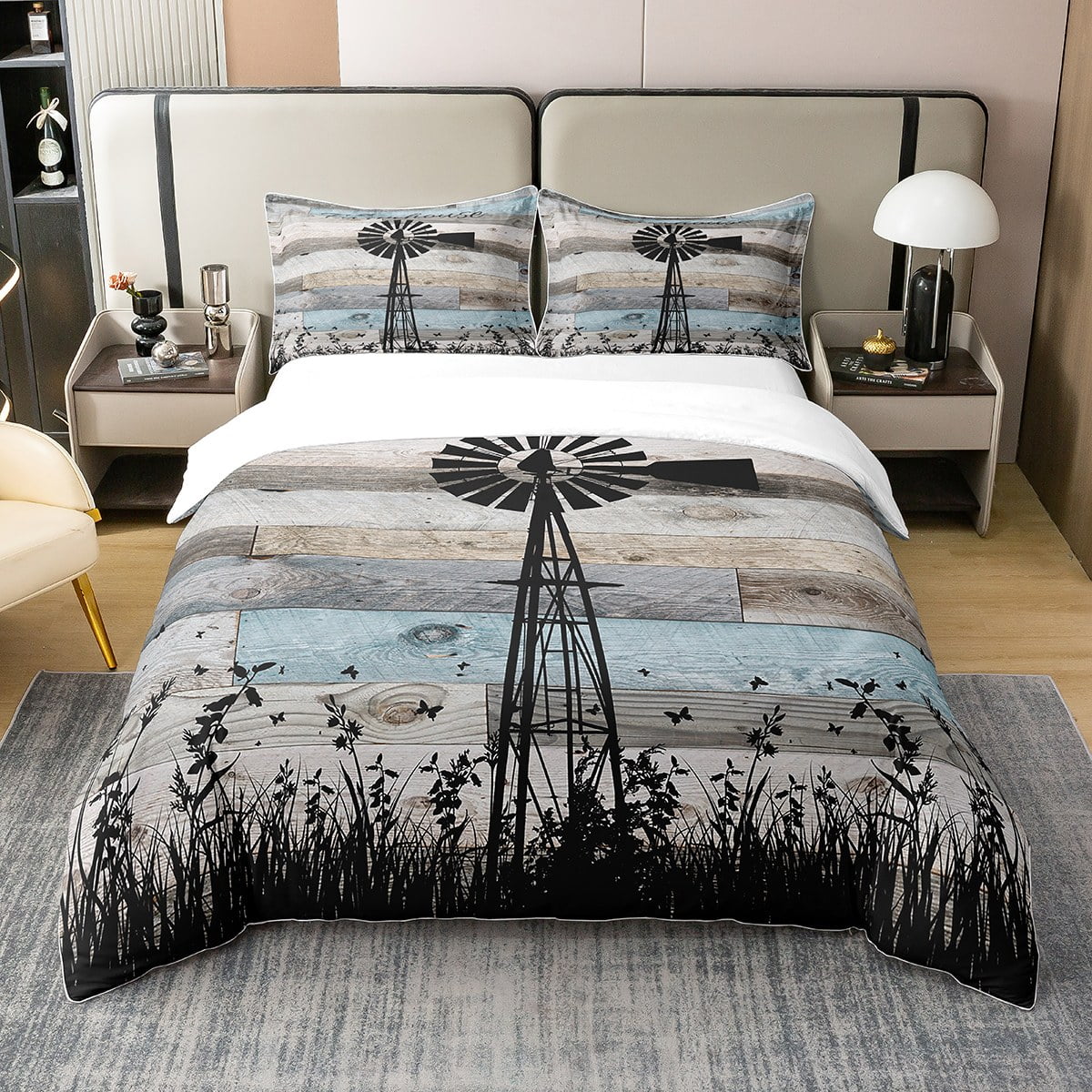 YST 100% Cotton Rustic Farmhouse Duvet Cover Twin,Black Windmill Cabin ...