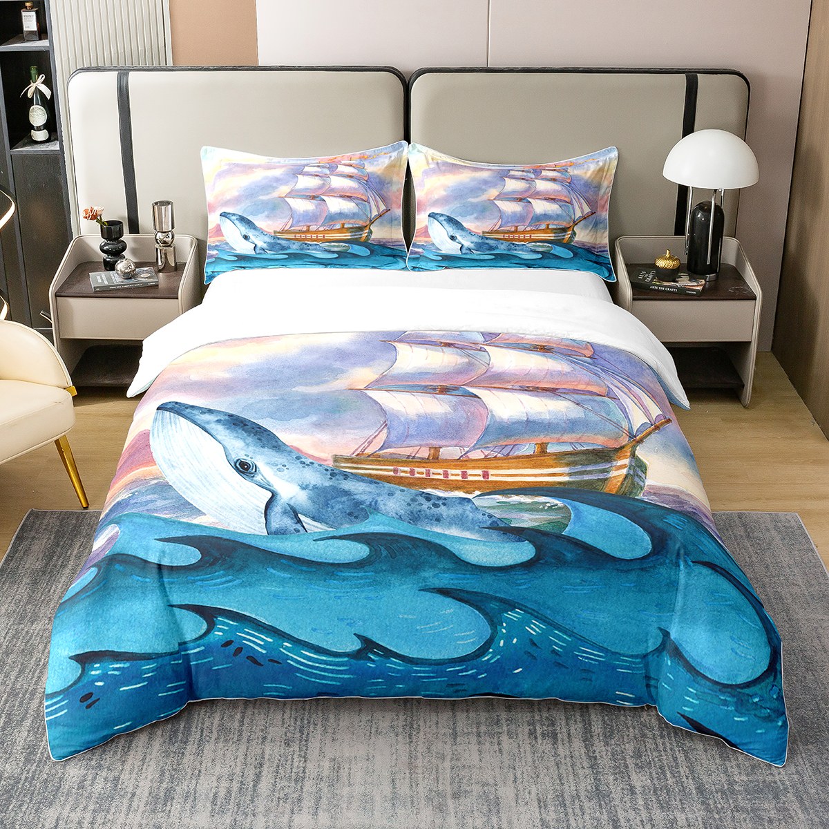Erosebridal 100% Cotton Sailboat Bedding Set Blue Ocean Life Whale Print Duvet Cover King ...
