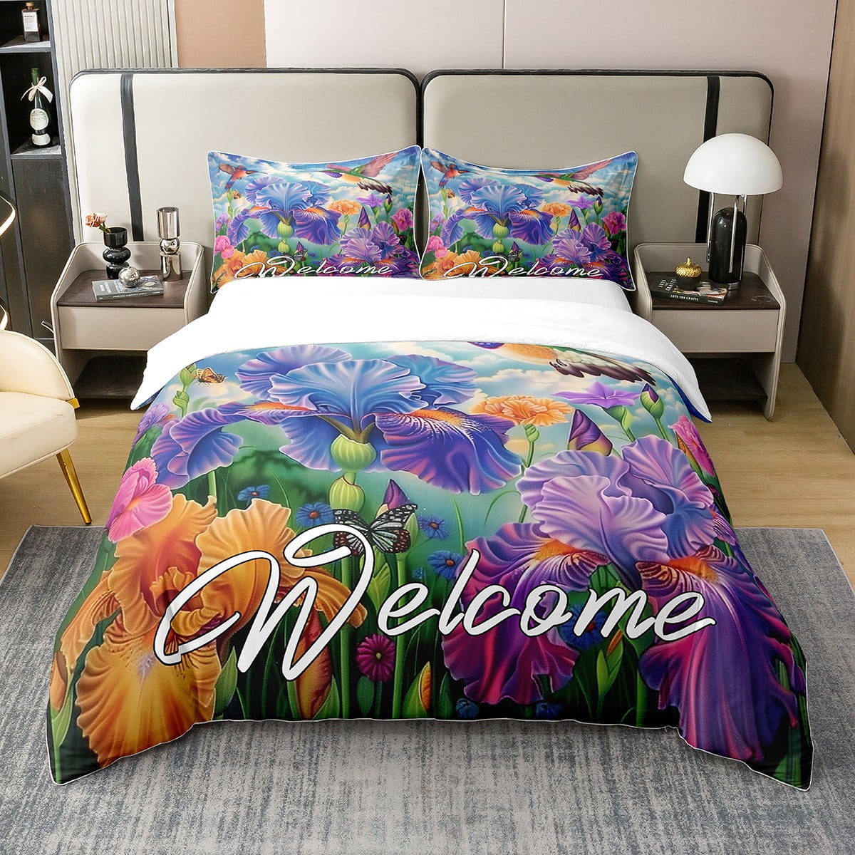 YST 100% Cotton Tropical Hummingbird Bedding King Purple Iris Flower ...