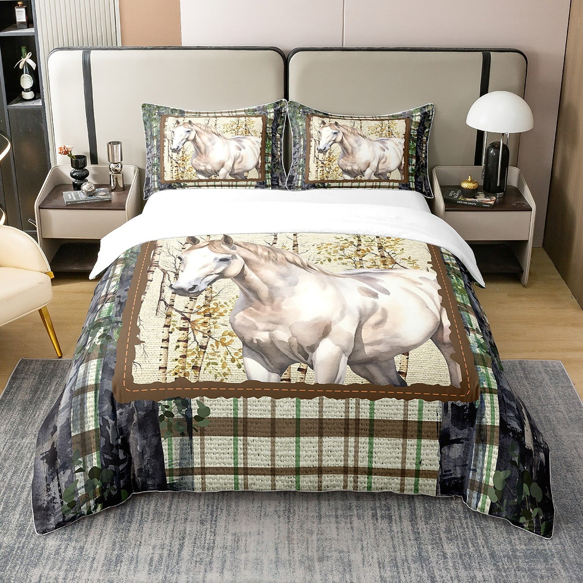 100% Cotton White Horse Queen Bedding Sets ,Farmhouse Decor Wildlife ...