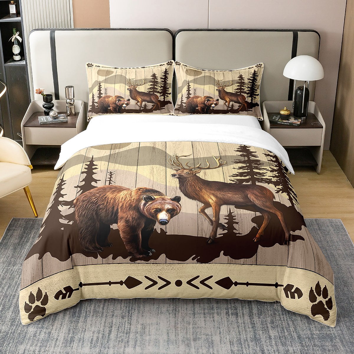 YST 100% Cotton Wild Bear Bedding Set Deer Hunting Duvet Cover Woodland ...