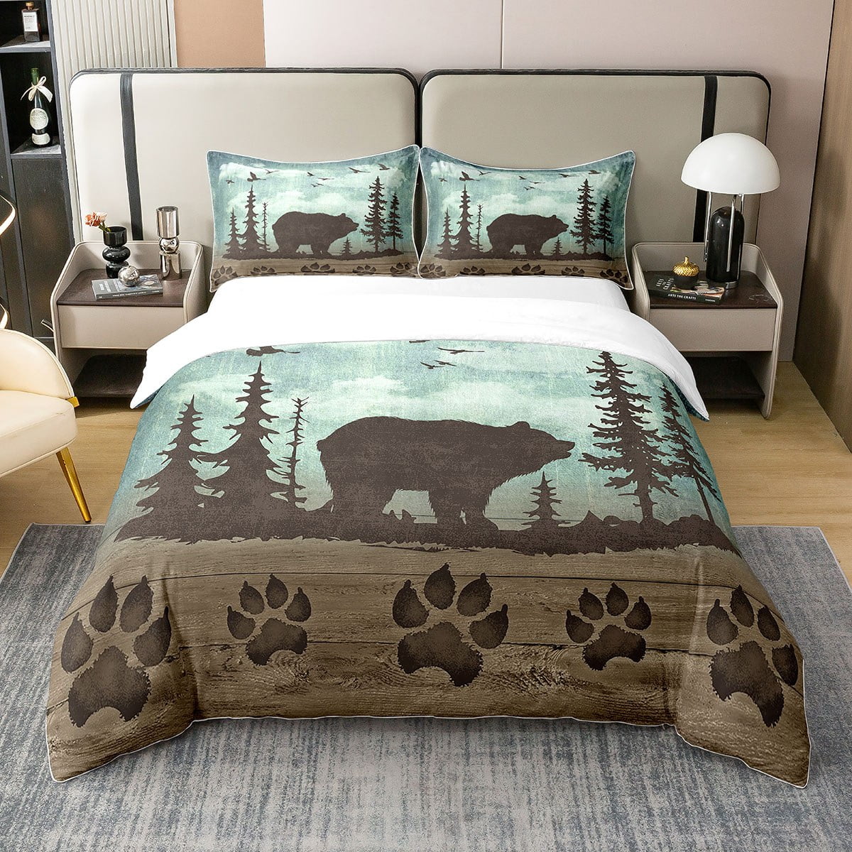 YST 100% Cotton Wild Bear Comforter Cover Rustic Pine Trees Queen ...