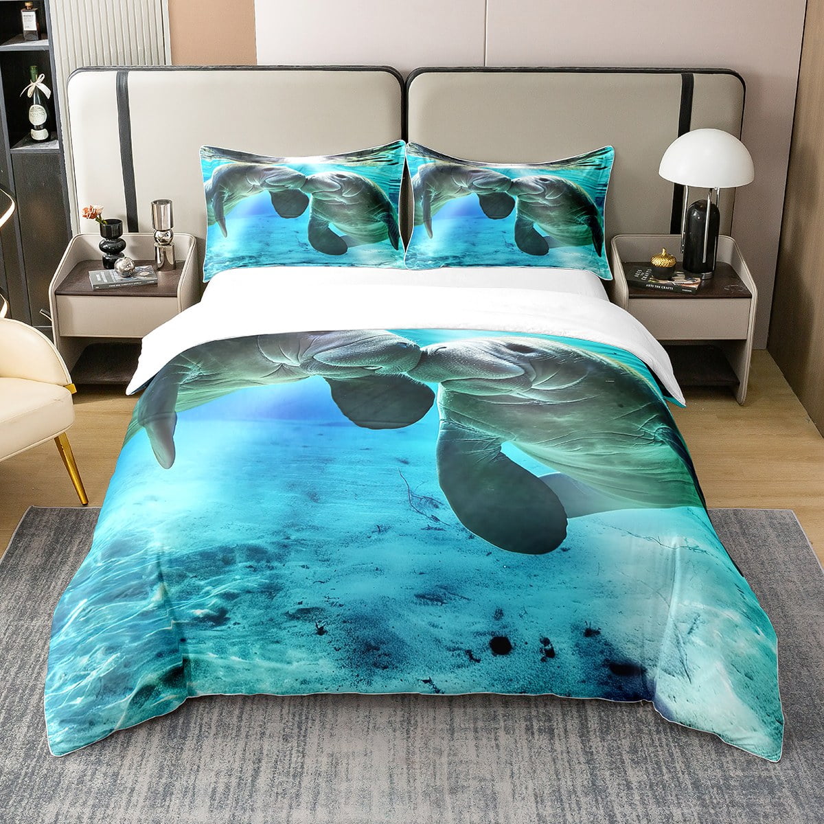 YST 100% Natural Cotton Manatee Lover Duvet Cover Full Size, Underwater World Bedding Set For ...