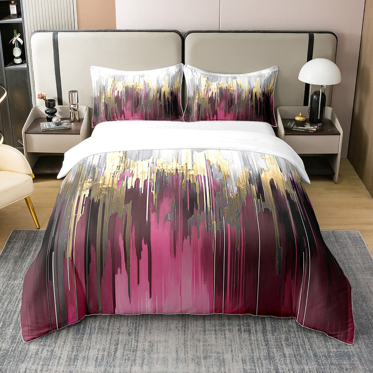 YST 100% Organic Cotton Abstract Art Bed Set Lavender Gold Grey Duvet ...