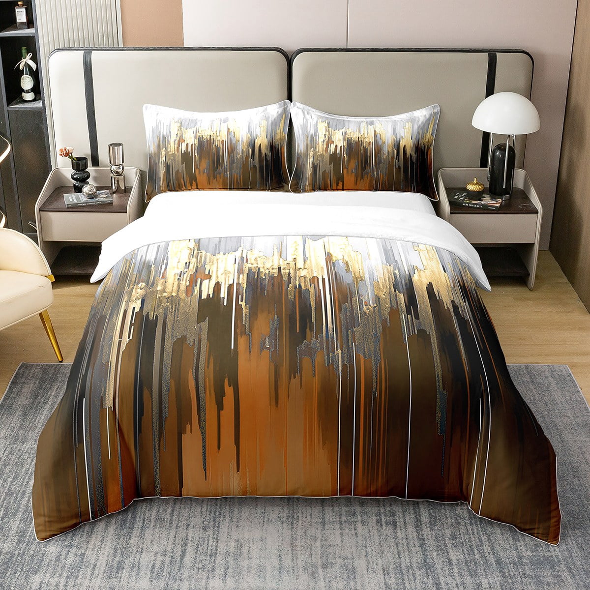 Erosebridal 100% Organic Cotton Abstract Art Bed Set Orange Gold Grey ...