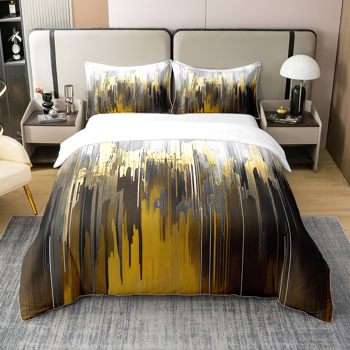 YST 100% Organic Cotton Abstract Art Bed Set Yellow Gray Gold Duvet ...