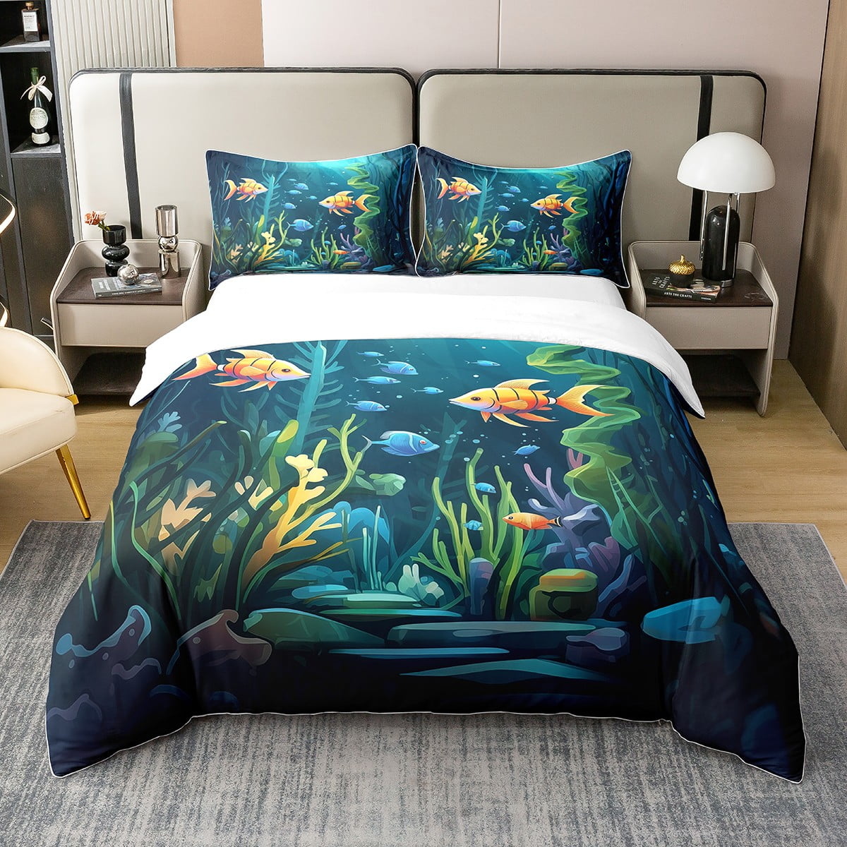 100% Organic Cotton Cute Fish King Comforter Cover Yellow Ocean Fish ...