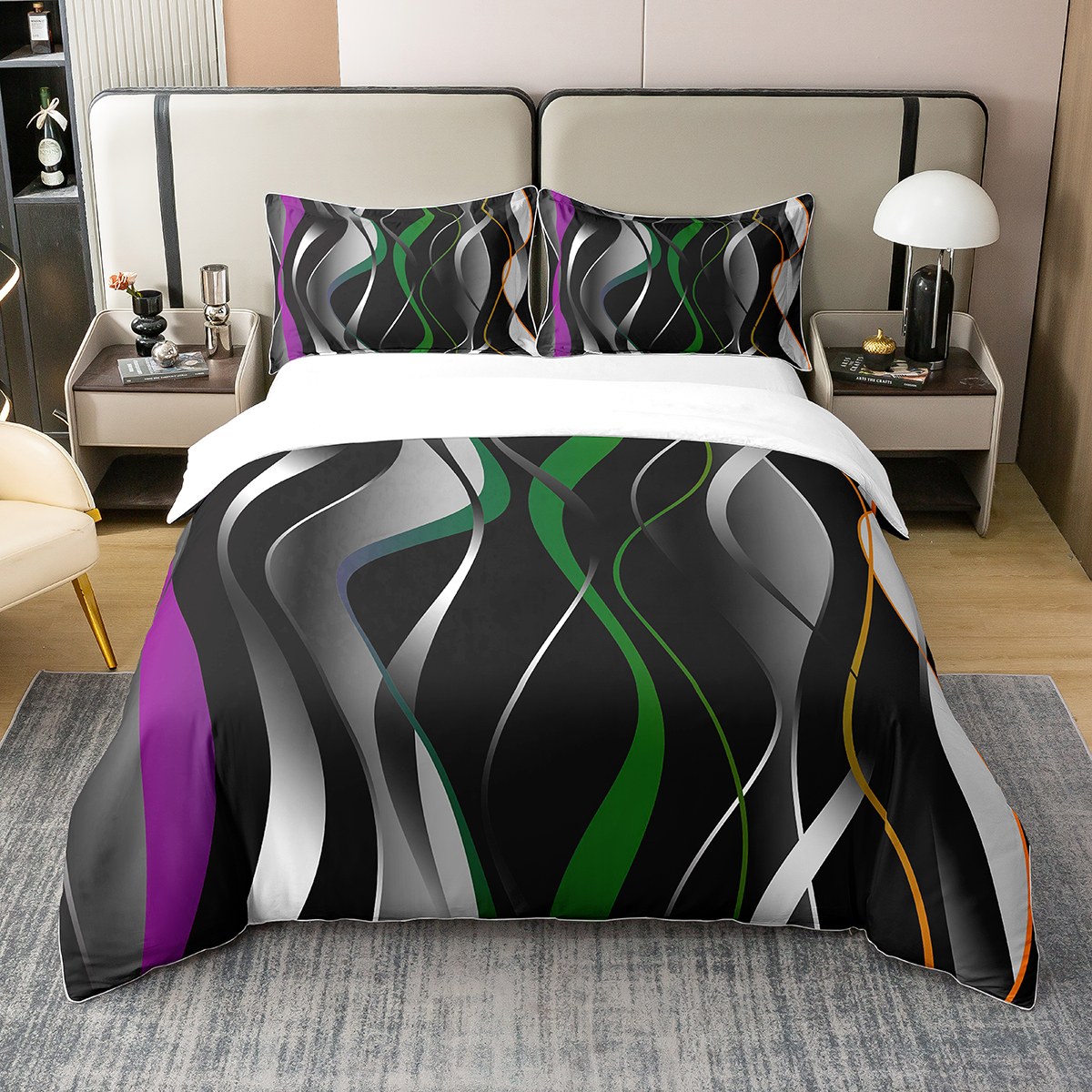 100% Organic Cotton Geometric Duvet Cover Twin,Wavy Lines Comforter ...