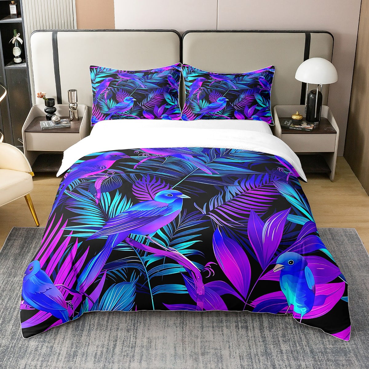 YST 100% Organic Cotton Purple Blue Bird Bedding Set King Size Ombre ...