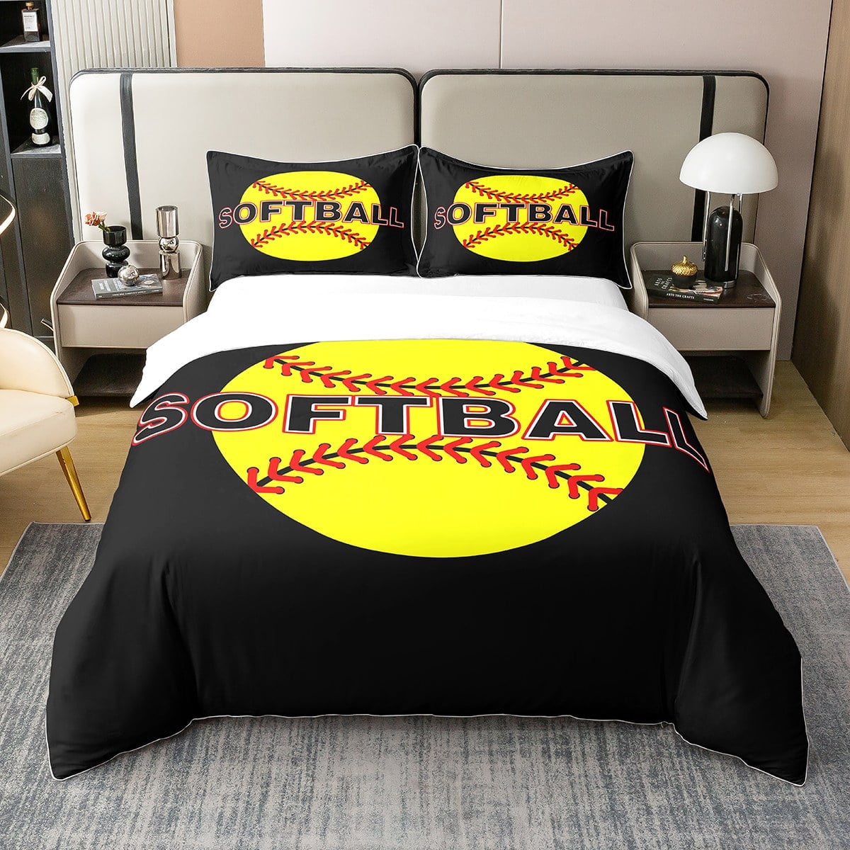 YST 100 percent Cotton Softball Duvet Cover,Baseball Bedding Set,Black ...
