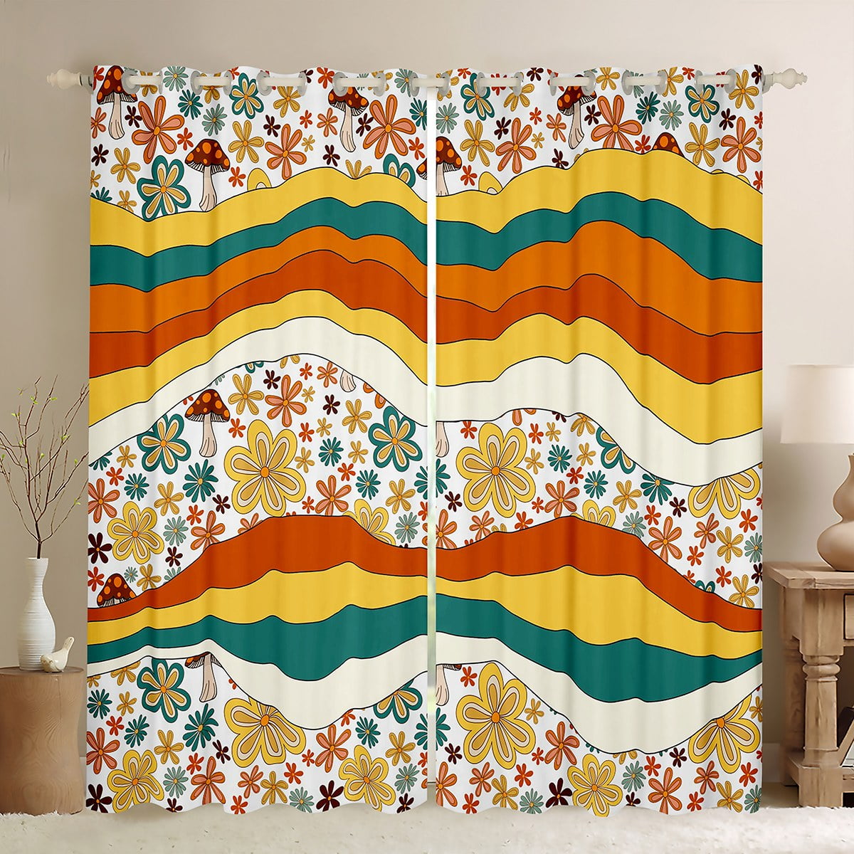 YST 1960S 1970S Groovy Flower Curtains,Hippie Funky Flower Insulated ...