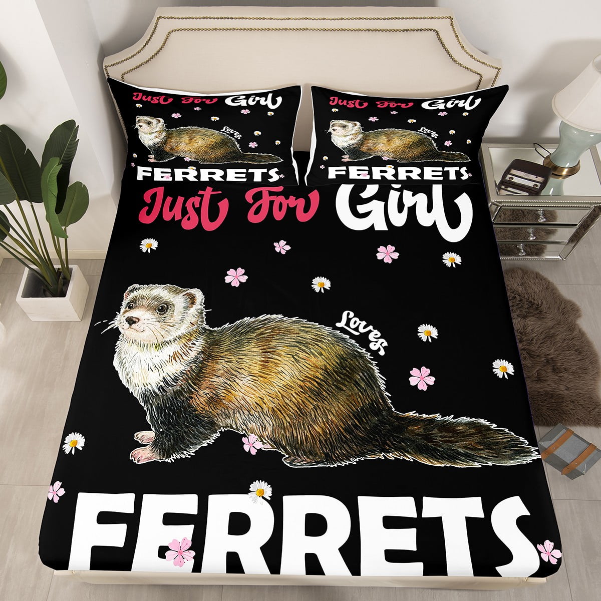 Erosebridal 2D Ferret Print Bed Sheets Cherry Blossoms Fitted Sheet ...