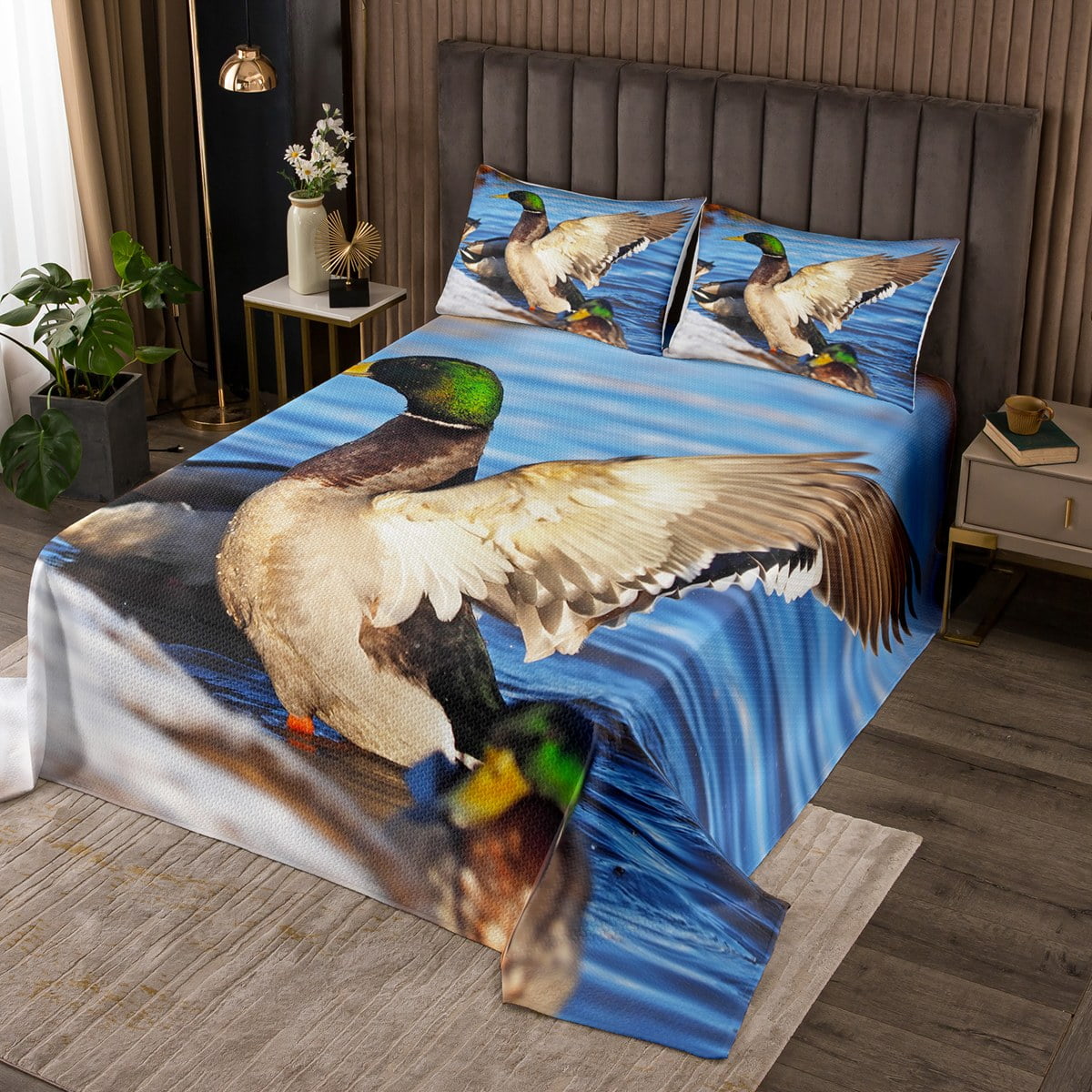 YST 2D Mallard Duck Coverlet Twin Size Duck Hunting Bedding Set, Farm Animal Bedspread Set River ...