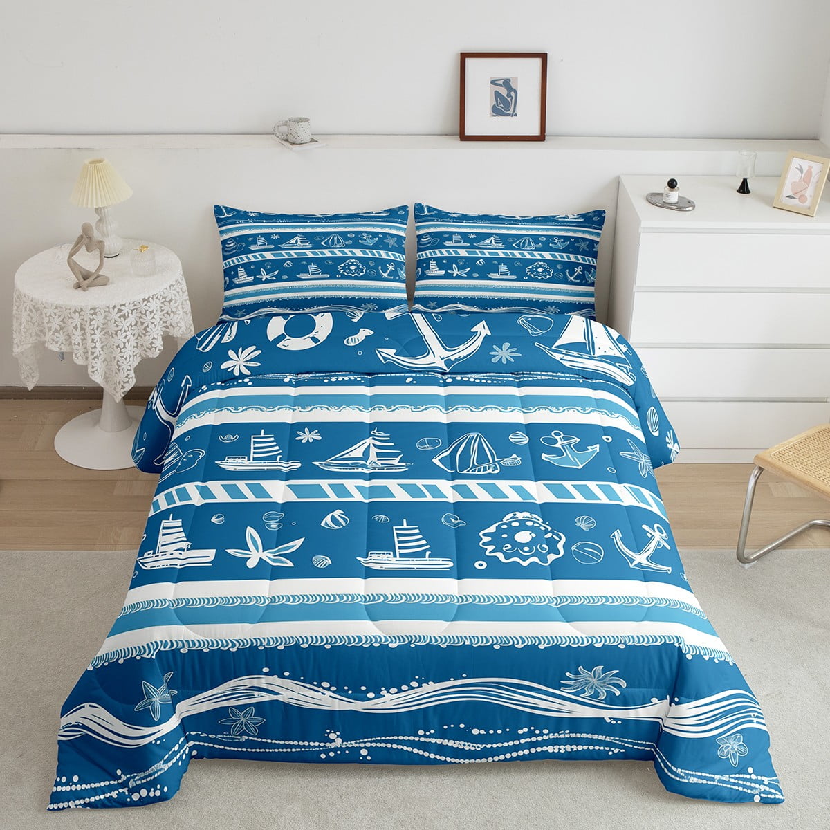 3 Piece Bedding Queen Size Ocean Theme, Nautical Coastal Beach Bedding Comforters & Sets ...